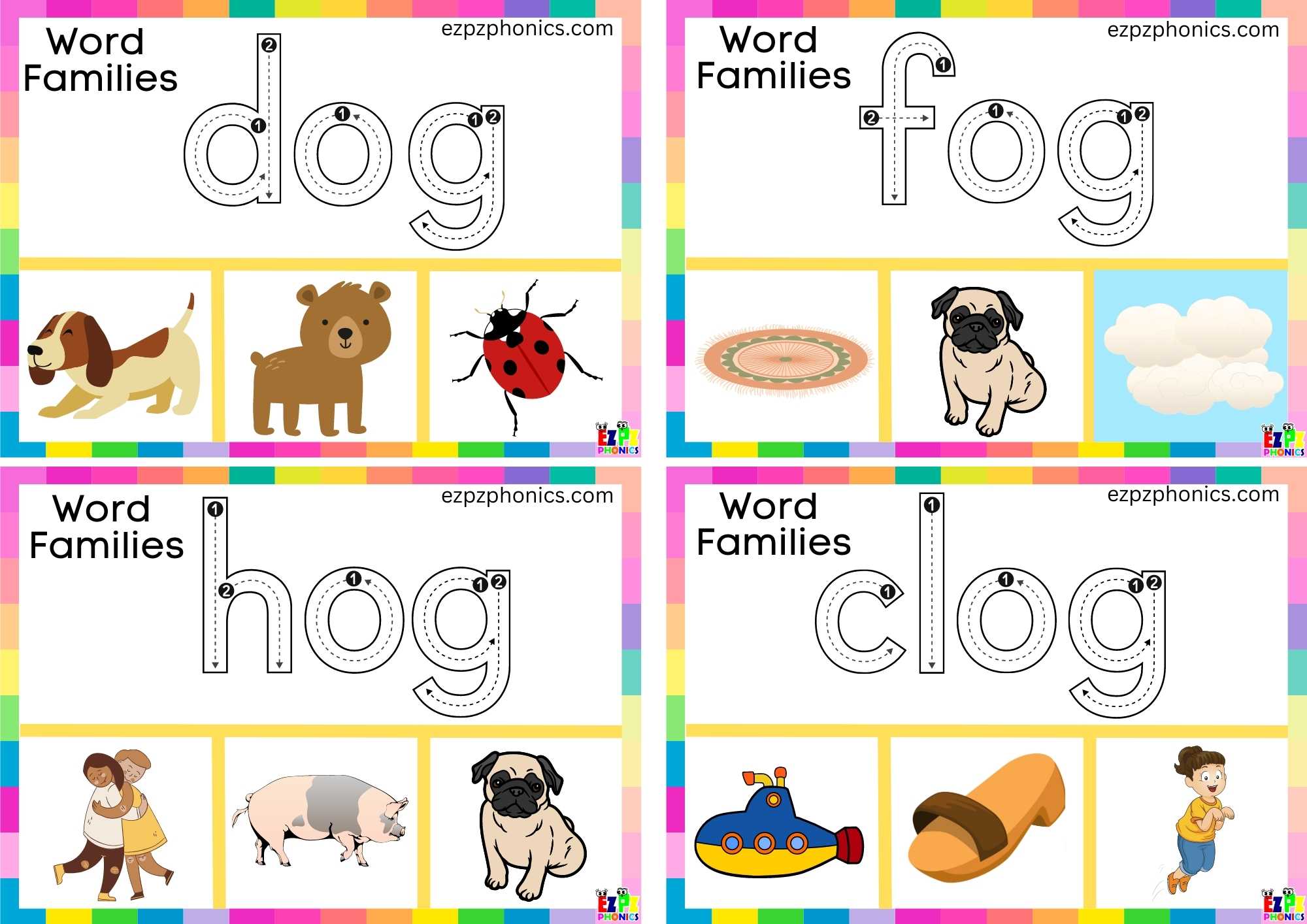 Word Family og Trace the word and clip the correct image Clip cards group 2 - ezpzphonics.com